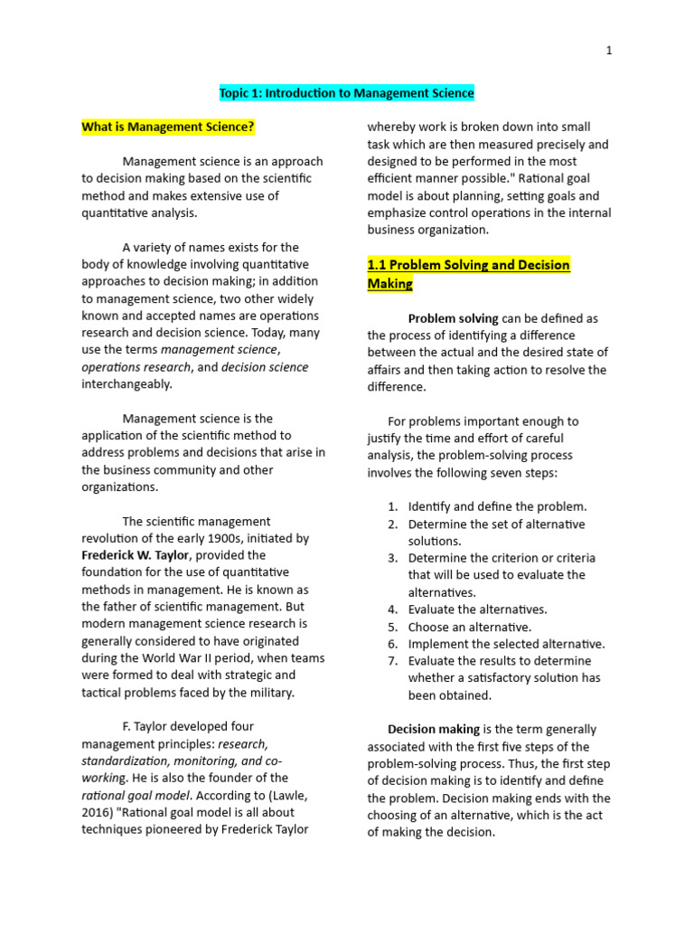 Topic 1 Introduction To Management Science BSA 1B | PDF | Decision ...