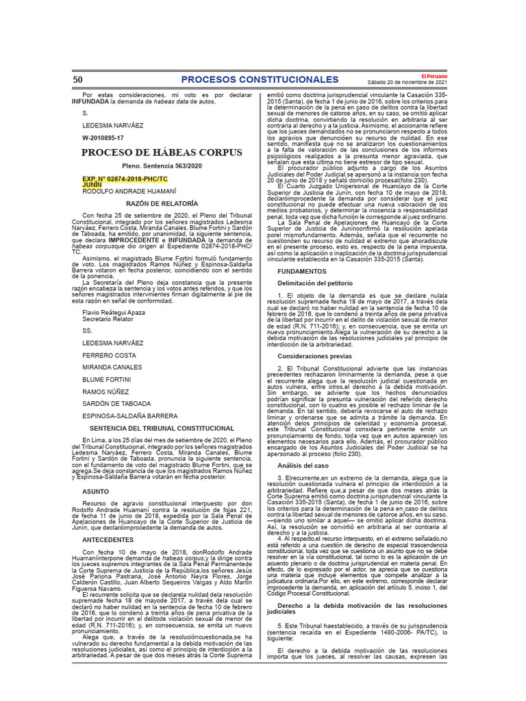 STC #563/2020 Exp. #02874-2018-PHC/TC, Junín | PDF | Caso de ley | Sentencia (ley)