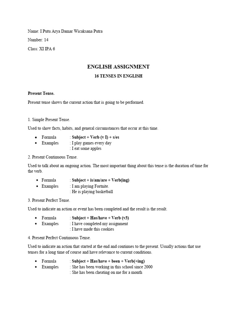 English Assignment 16 Tenses in English Arya Damar 14 XI IPA 6 | PDF | Grammatical Tense ...
