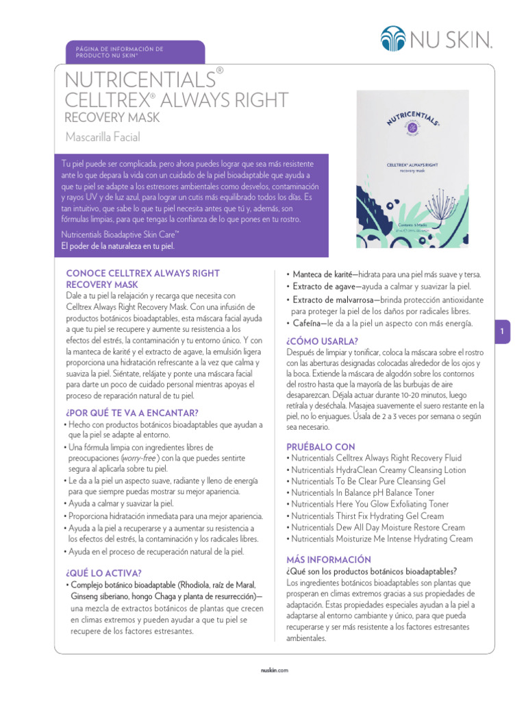 Nutricentials Celltrex Always Right Recovery Mask Pip Chile | PDF ...