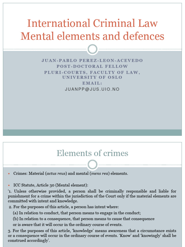 ICC Mental Elements & Defenses | PDF | Mens Rea | Intention (Criminal Law)
