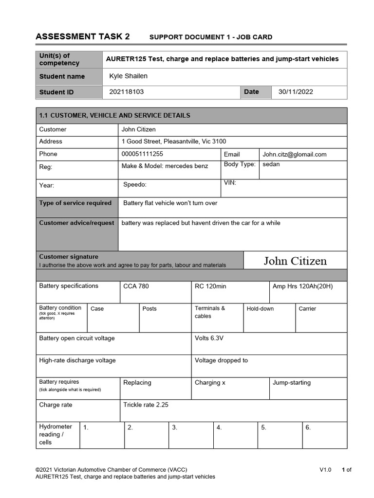 AURETR125 - AT2 - Support Document - Job Card | PDF | Battery Charger ...