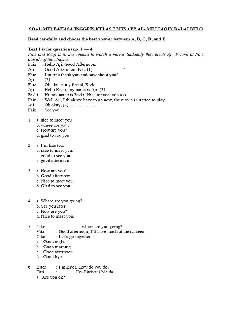 Soal Mid Sem Ganjil Bahasa Inggris Kelas 7 | PDF