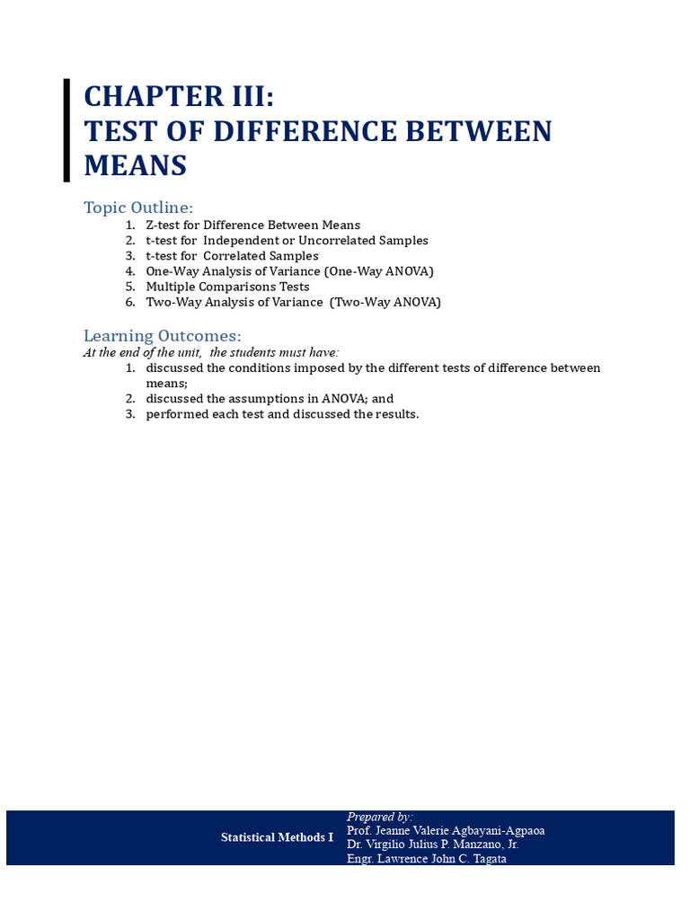 Chapter 3 Test of Difference Between Means | PDF | Statistical ...