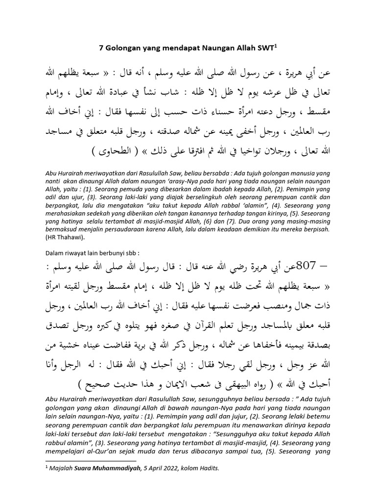 7 Golongan Yang Mendapat Naungan Allah SWT | PDF
