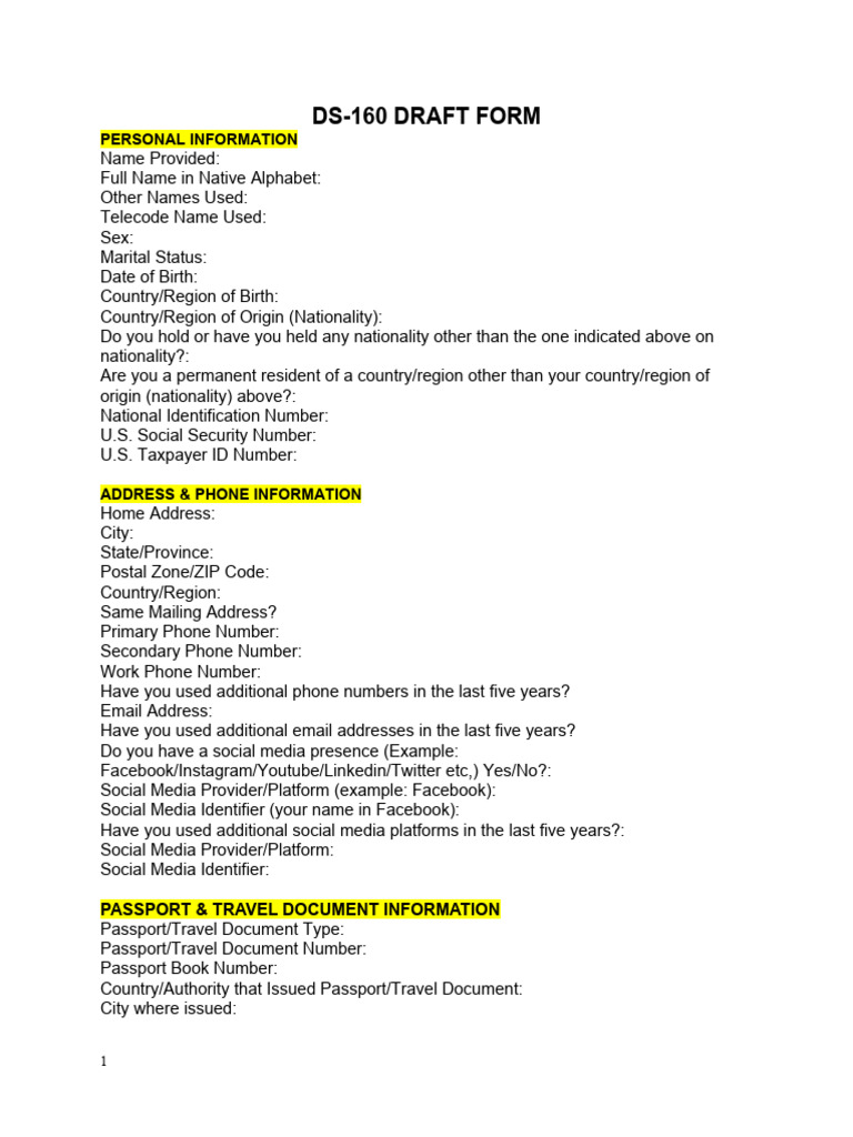 Ds-160 Draft Application Form | PDF | Travel Visa | Zip Code
