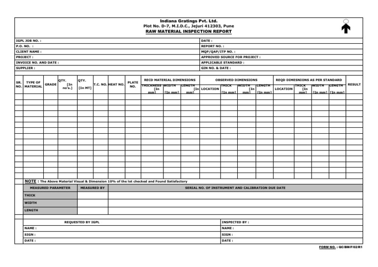 Raw Material Inspection Report | PDF