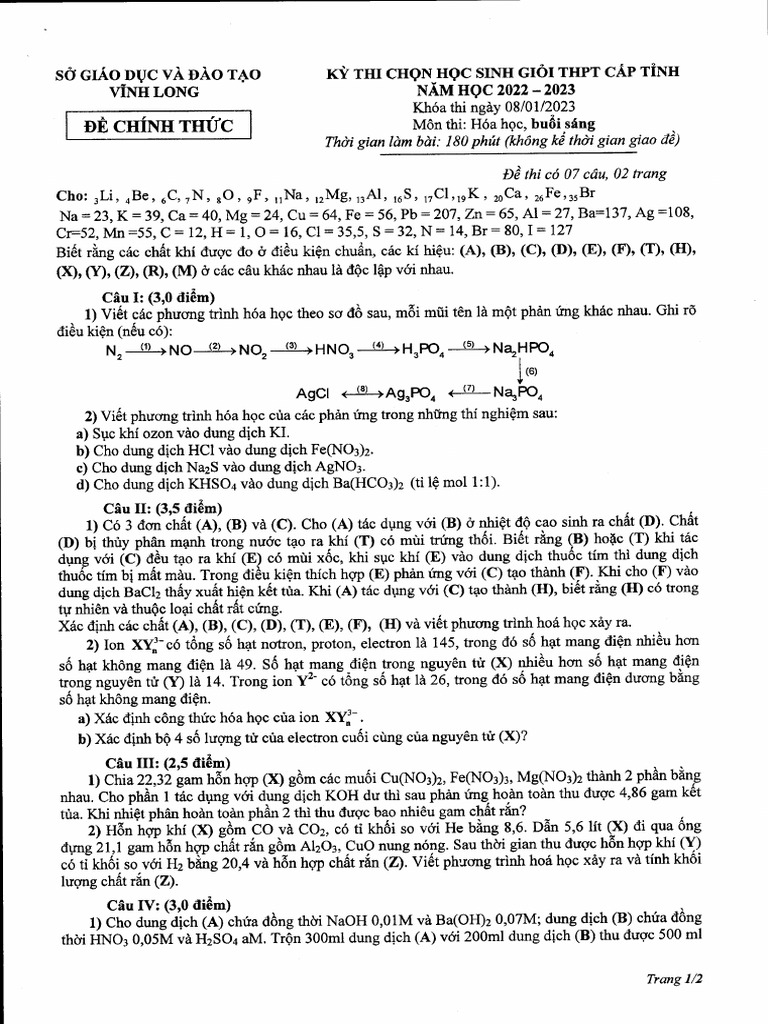 De Hoc Sinh Gioi Hoa Hoc THPT Cap Tinh Nam 2022 2023 So GDDT Vinh Long | PDF