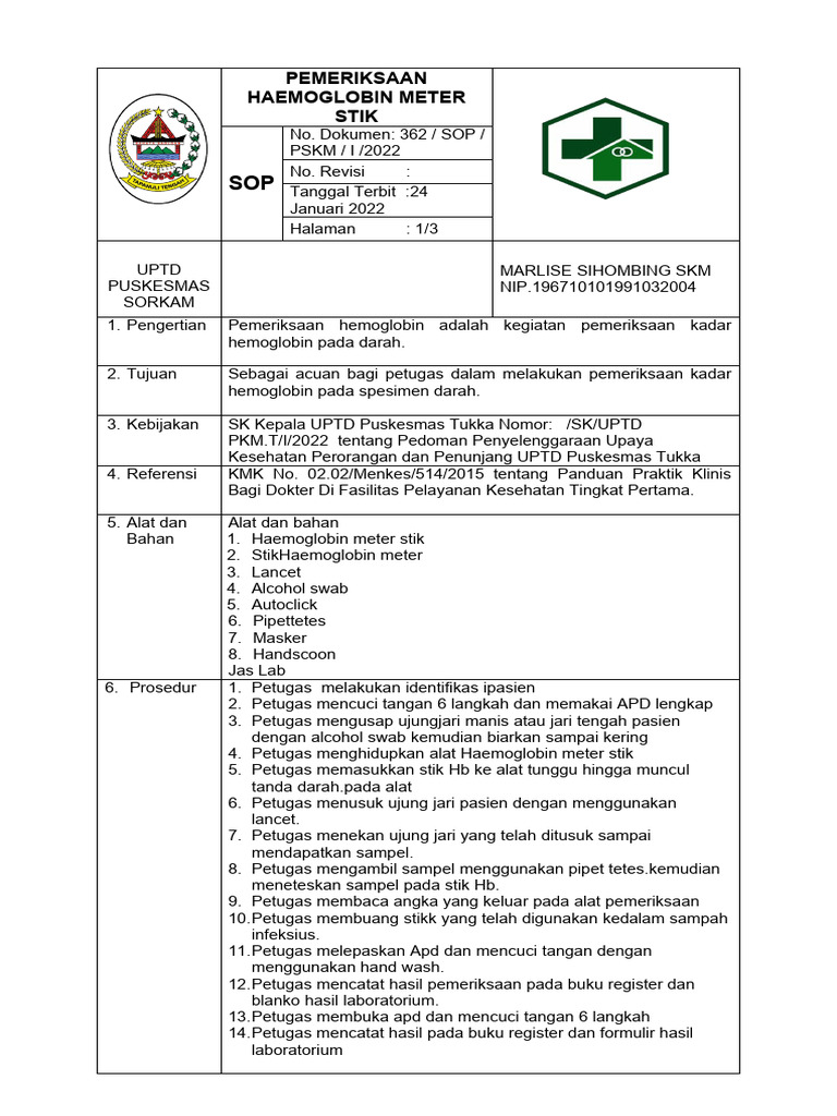 Sop - Pemeriksaan HB Fix | PDF