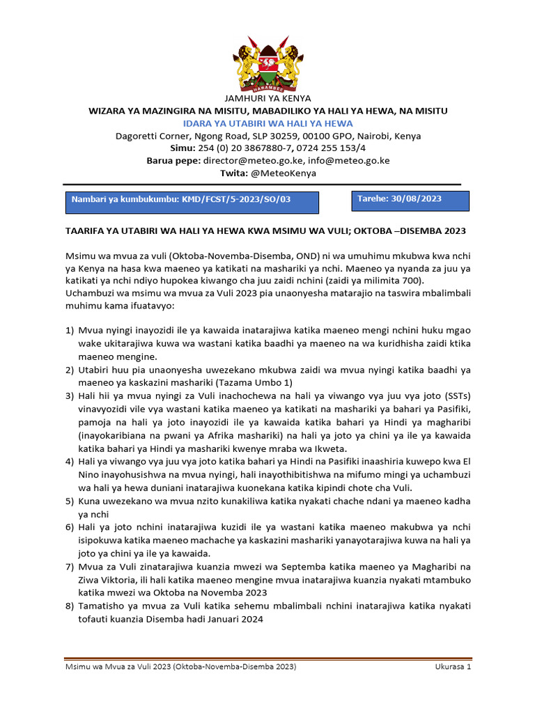 Utabiri Wa Mvua Za Vuli Oktoba Hadi Disemba 2023 | PDF