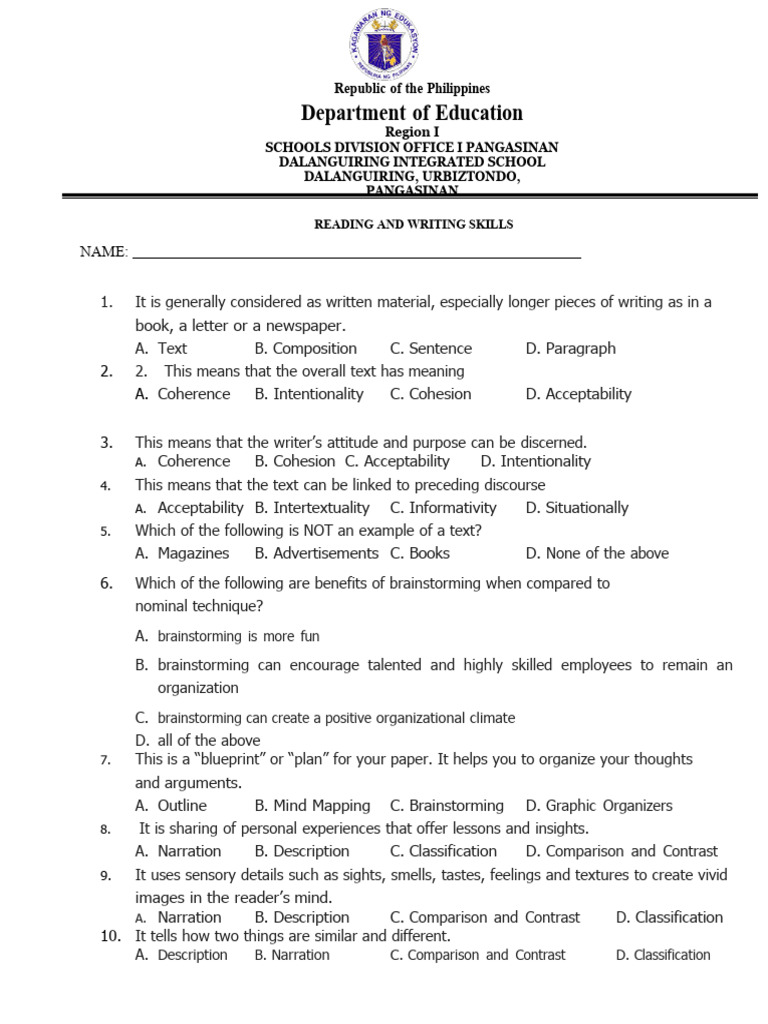 Pre-Test Reading and Writing Skills | PDF