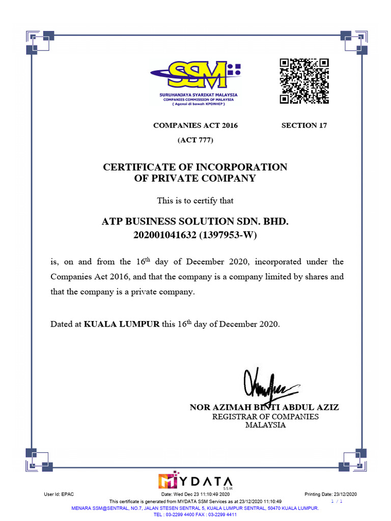 Section 17 Certificate of Incorporation | PDF