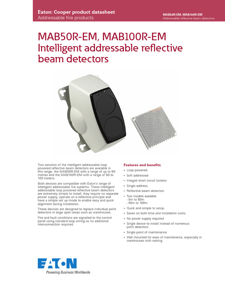 Eaton Cooper Fire Addressable Beam Detectors Mab50r Mab100r Datasheet ...