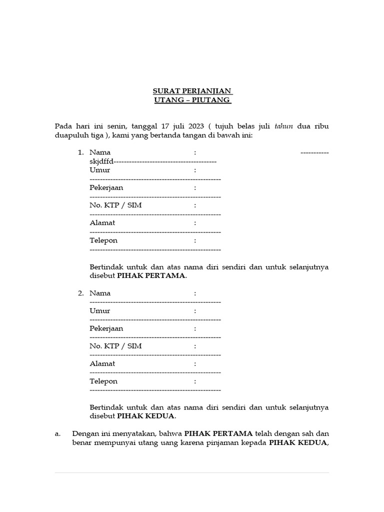 Contoh Surat Perjanjian Utang Piutang | PDF | Hukum