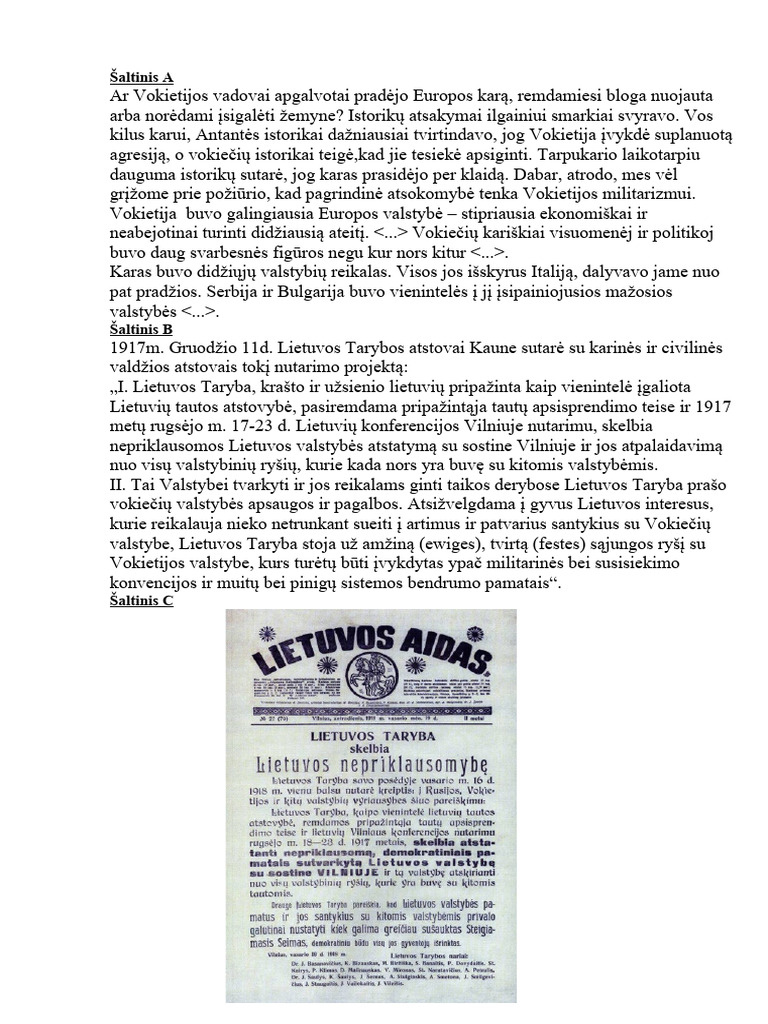 I Pasaulinis Karas - Lietuva Nepriklausomybes M. | PDF