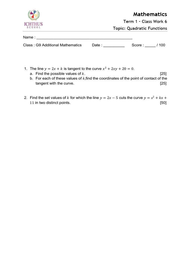 2023-2024 - Mathematics - G9 Additional - Class Work-6 - Quadratic ...