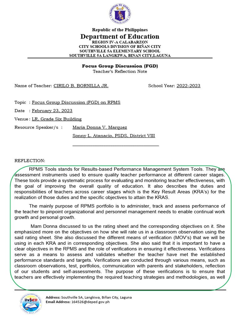 Fgd Rpms Reflection Notes | PDF | Teachers | Cognitive Science