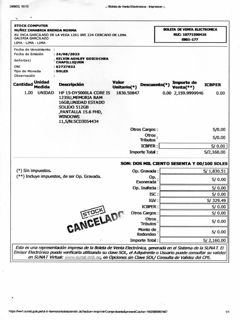 Boleta de Venta Compra de Laptop | PDF