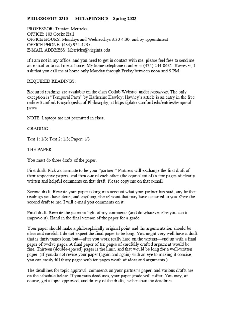Metaphysics Course Syllabus Spring 2023 | PDF | Metaphysics
