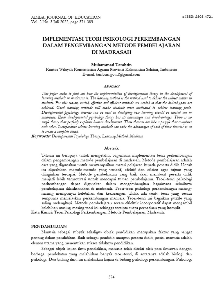 Implementasi Teori Psikologi Perkembangan Dalam Pengembangan Metode Pembelajaran Di Madrasah | PDF