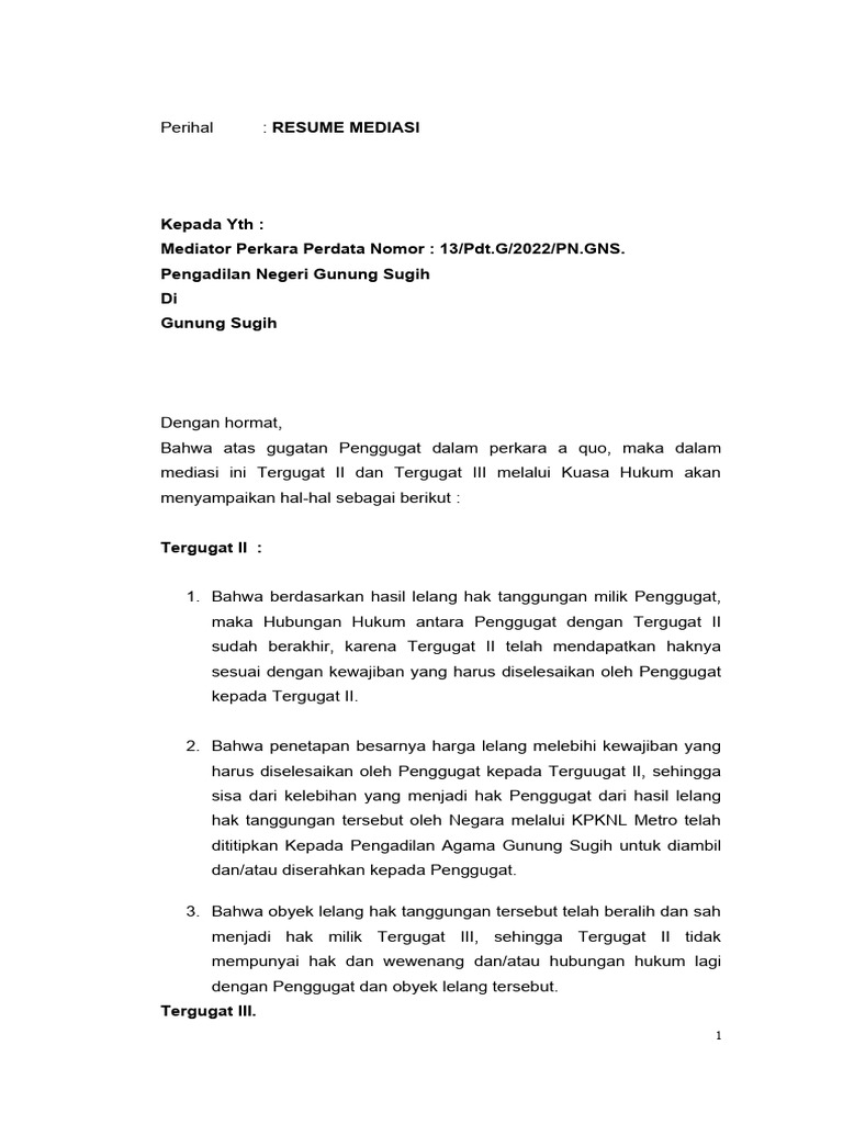 Resume Mediasi No. 13 PN - GS 2022 | PDF