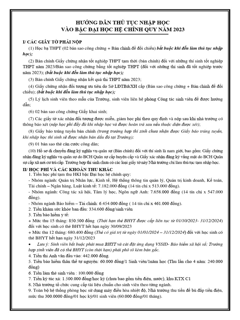 Huong Dan Thu Tuc Nhap Hoc DHCQ - 2023 - 21082023 | PDF