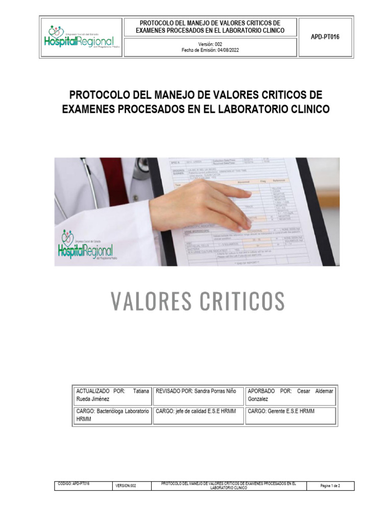 Manejo de Valores Críticos en Laboratorio | PDF | Salud y bienestar ...