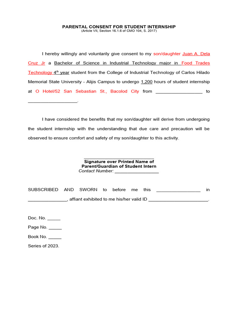 Chmsu Approved Parental Consent Template For Student Internship | PDF