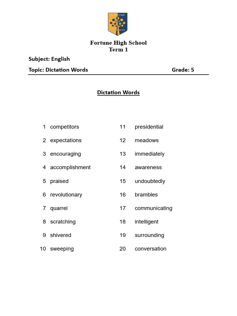5th - Dictation Words - T1 | PDF