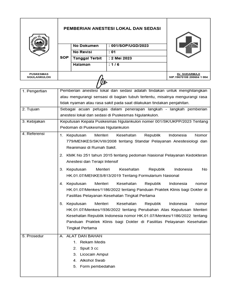 Sop Anastesi Lokal Dan Sedasi 2023 | PDF