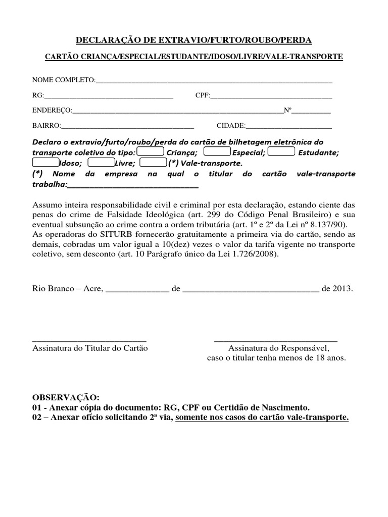 Modelo de Declaração de Extravio, Furto Ou Roubo de Documento | PDF