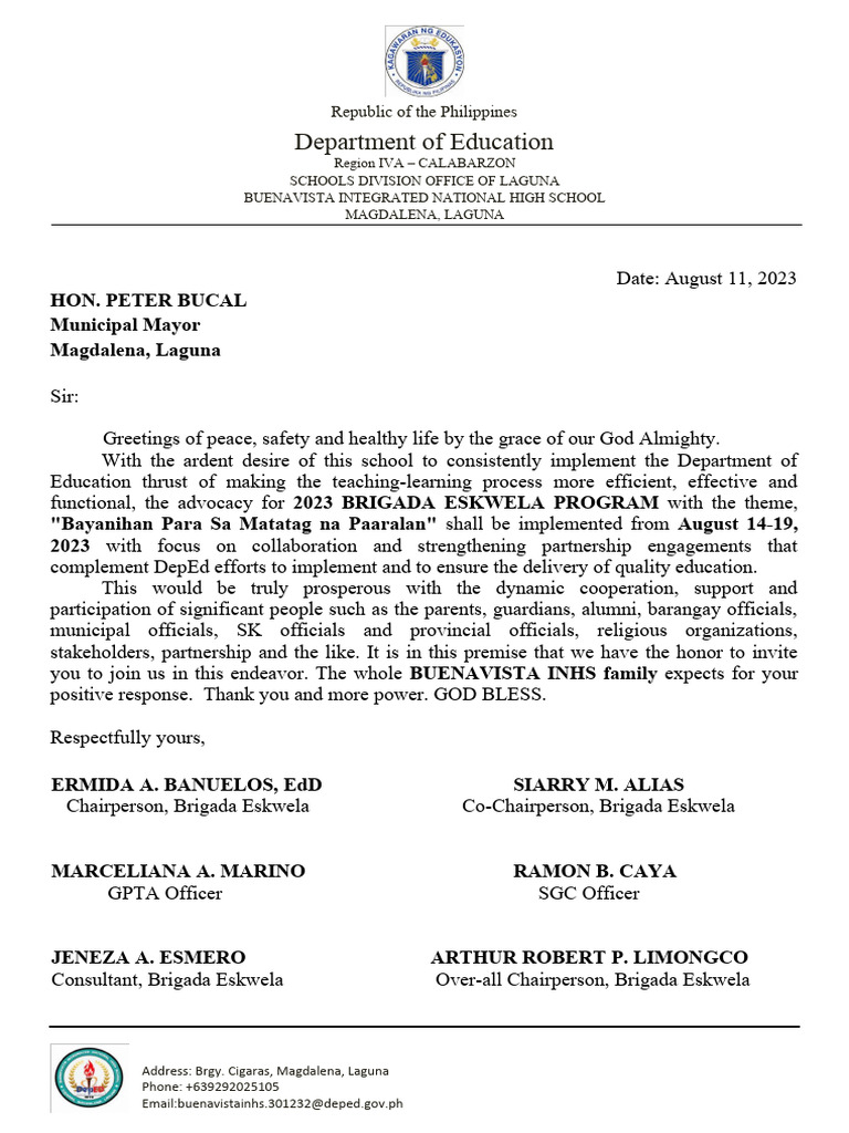 2023 BRIGADA ESKWELA INVITATION LETTER Mayor | PDF