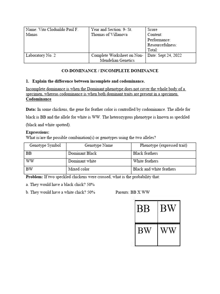 Non-Mendelian Genetics Worksheet | PDF