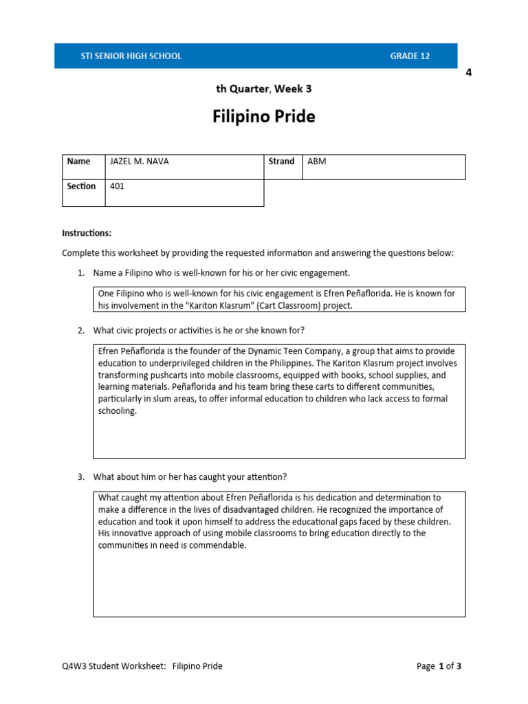 G124QW3 Worksheet - Filipino Pride | PDF