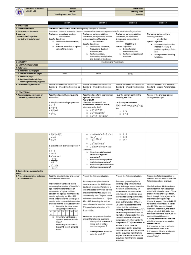I. Objectives: Session 1 Session 2 Session 3 Session 4 | PDF