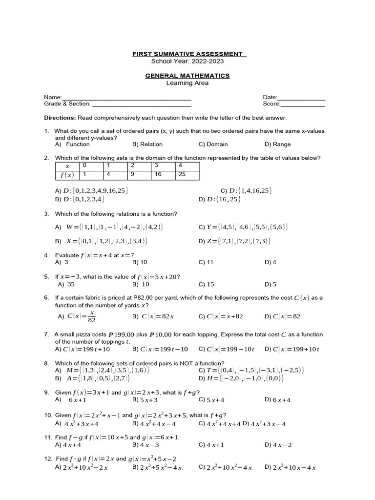 Summative Test GenMath Q1 Wk1 2 | PDF | Teaching Methods & Materials