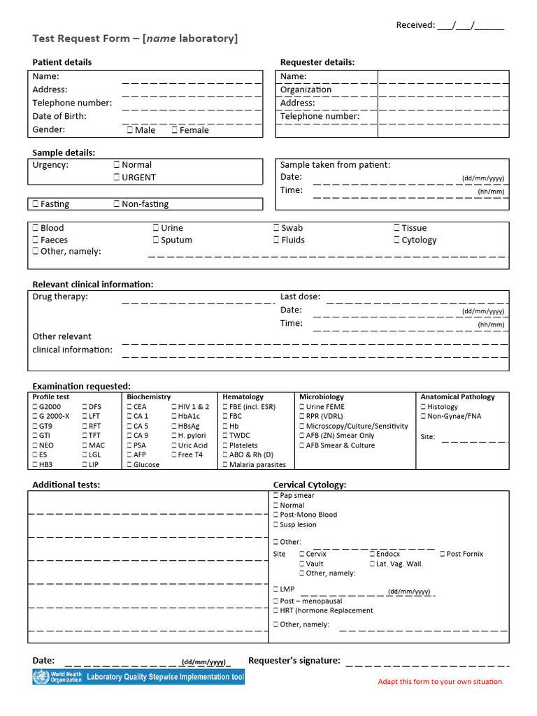 Laboratory Request Form - Template | PDF | Cytopathology | Medical ...