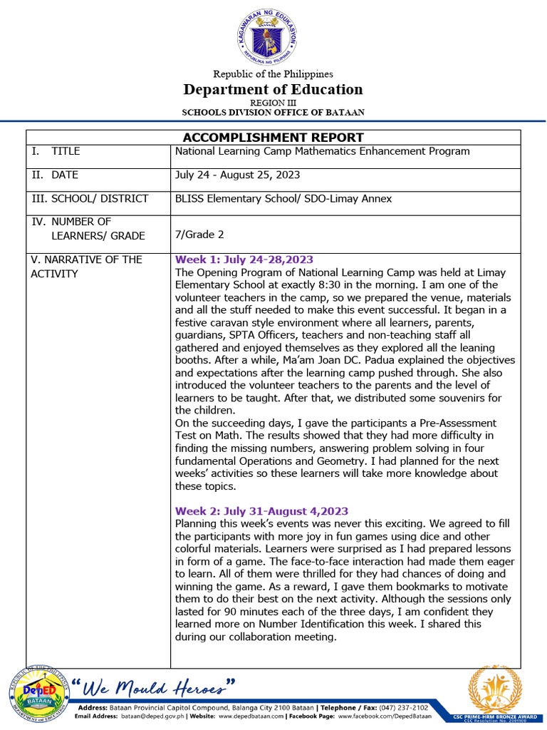 Accomplishment Report Template | PDF | Learning | Teachers