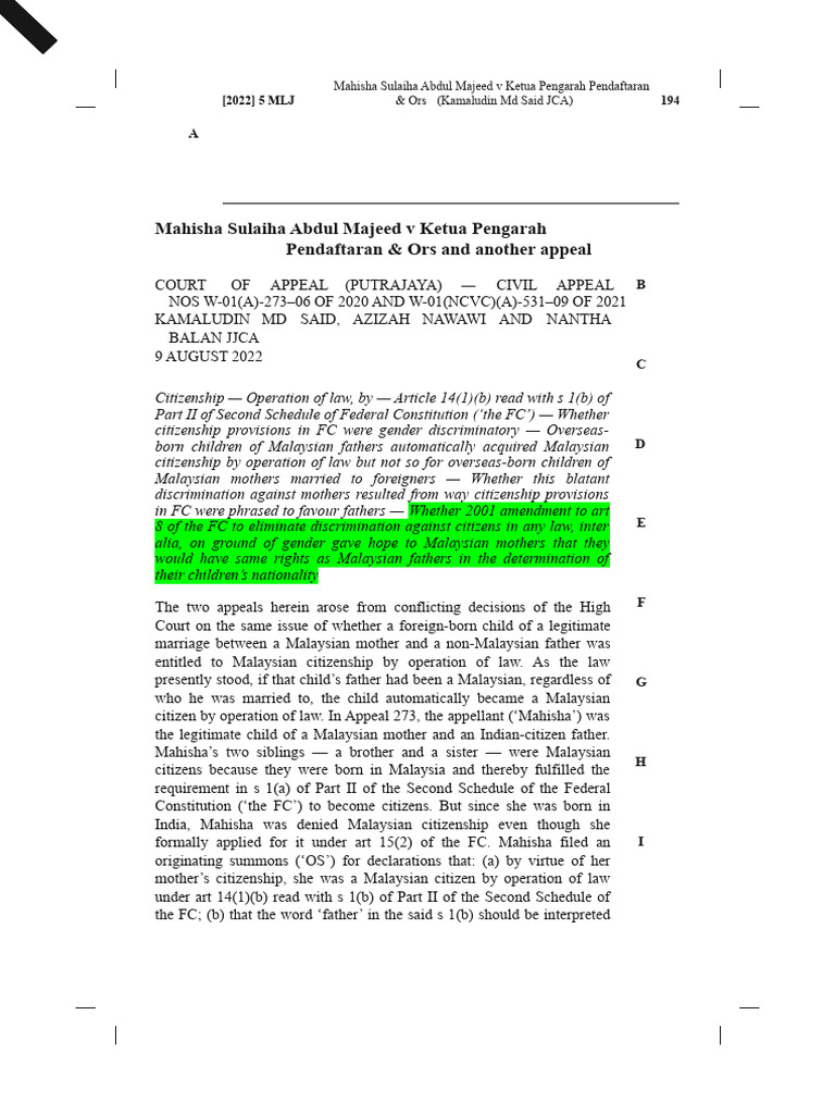 Mahisha Sulaiha Abdul Majeed V Ketua Pengarah Pendaftaran & Ors and Another Appeal | PDF