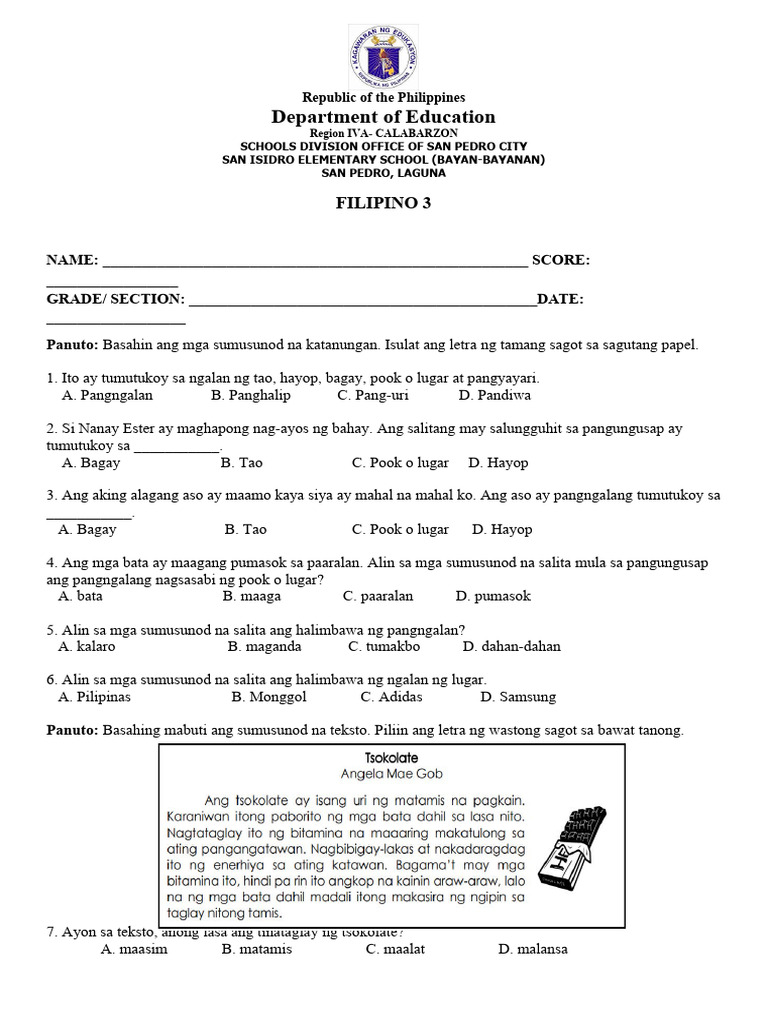 Filipino - 1ST - Weekly Test | PDF