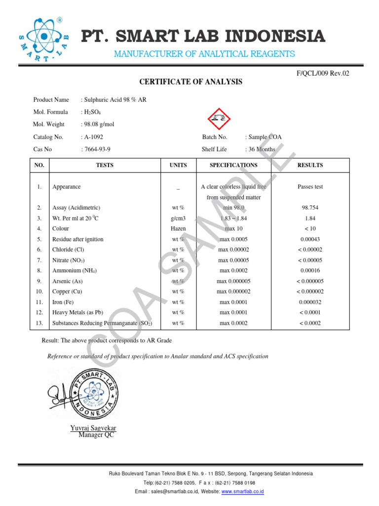 Sulphuric Acid 98% AR | PDF | Scientific Techniques | Analysis