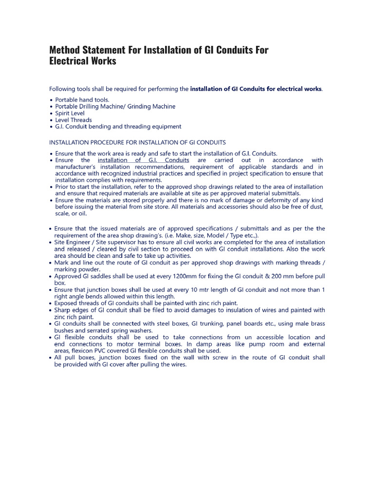 GI Conduit Installation - Method Statement | PDF