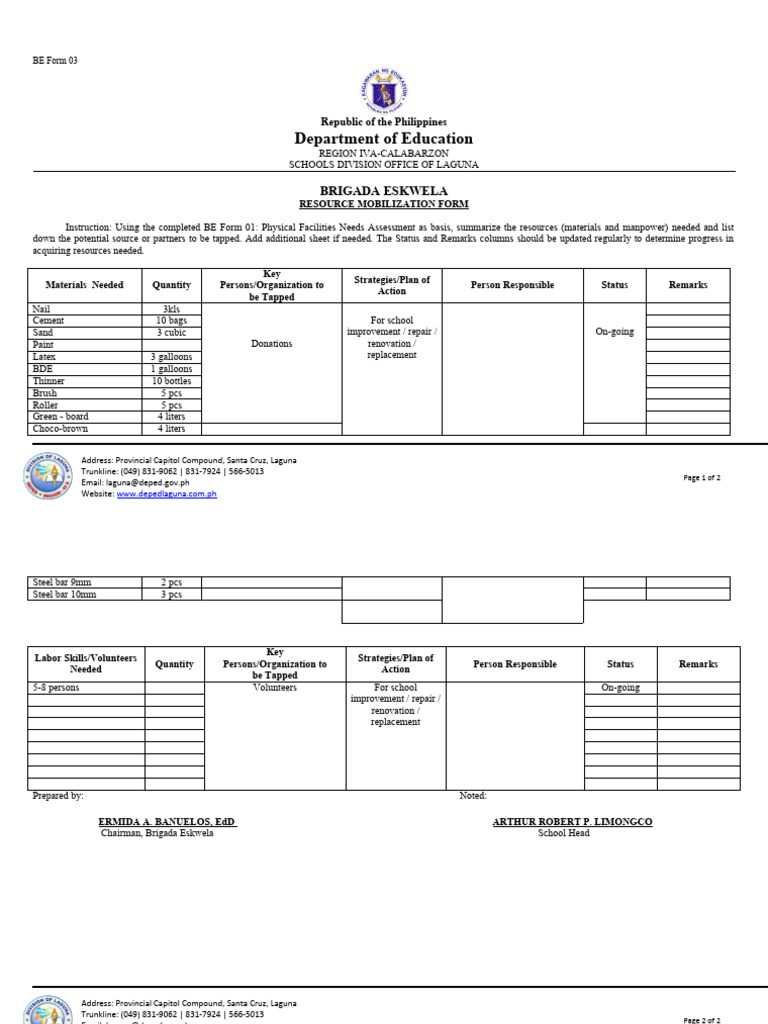 BE Form 3 RESOURCE MOBILIZATION FORM 1 | PDF