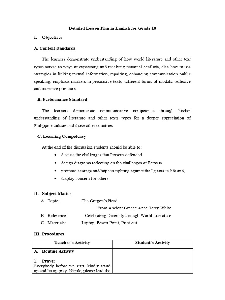 Detailed Lesson Plan in English For Grade 10 | PDF | Medusa | Lesson Plan