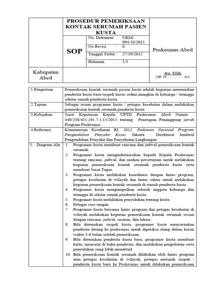 SOP Edit KUSTA - KONTAK SERUMAH PASIEN KUSTA | PDF