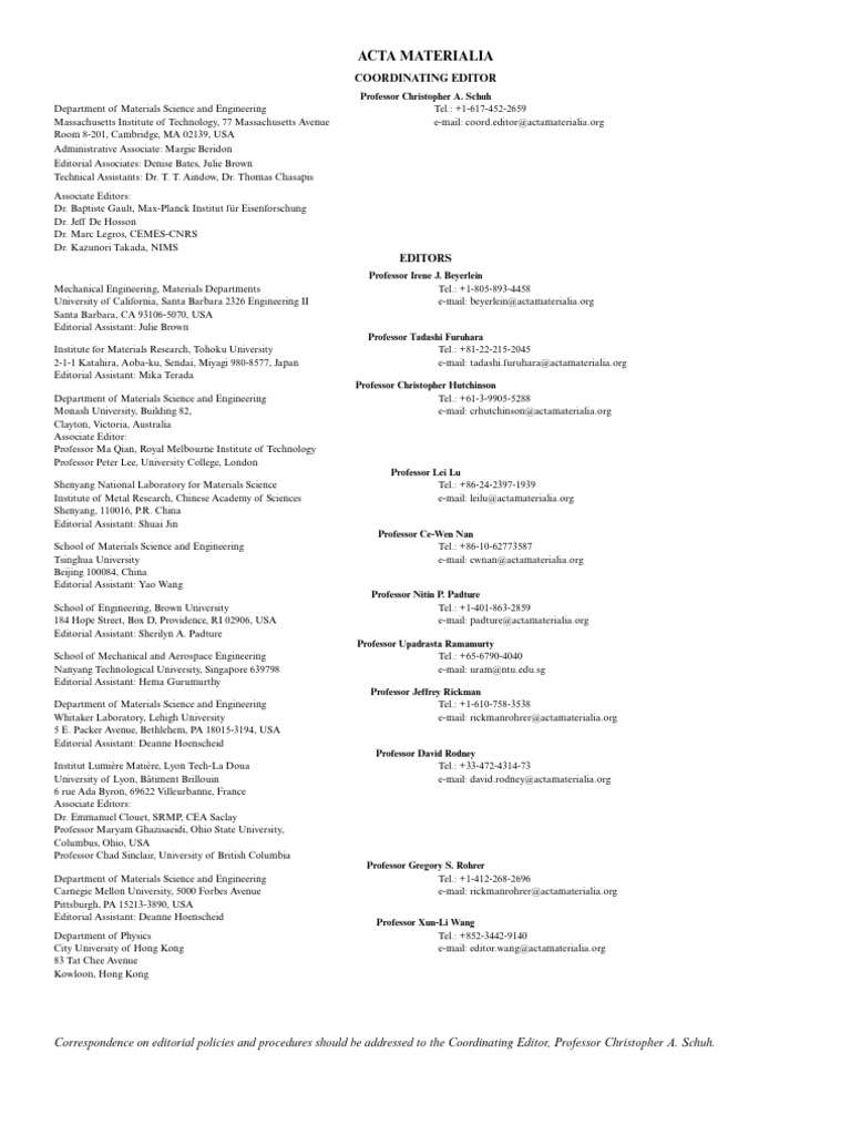 Editors For Acta Materialia - 2022 - Acta Materialia | PDF | Technology & Engineering