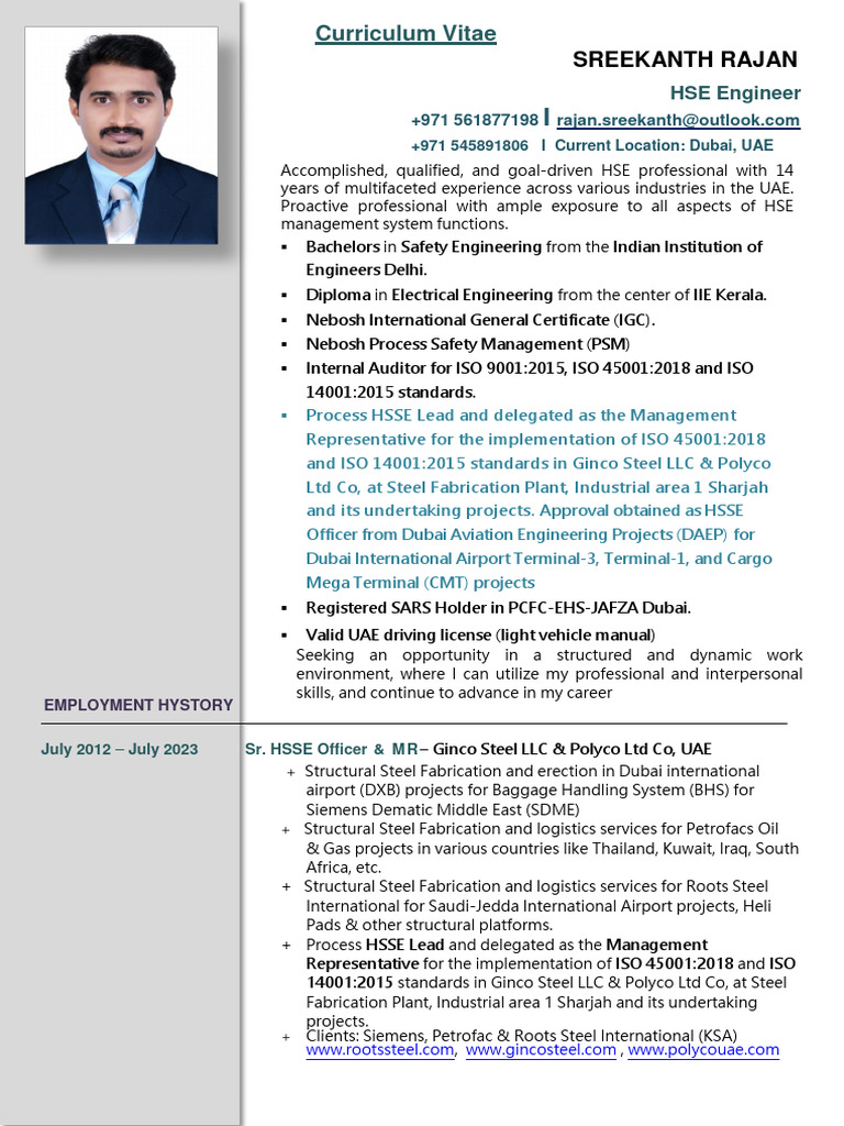 HSE Engineer CV - Sreekanth Rajan | PDF | Occupational Safety And Health | Occupational Safety ...