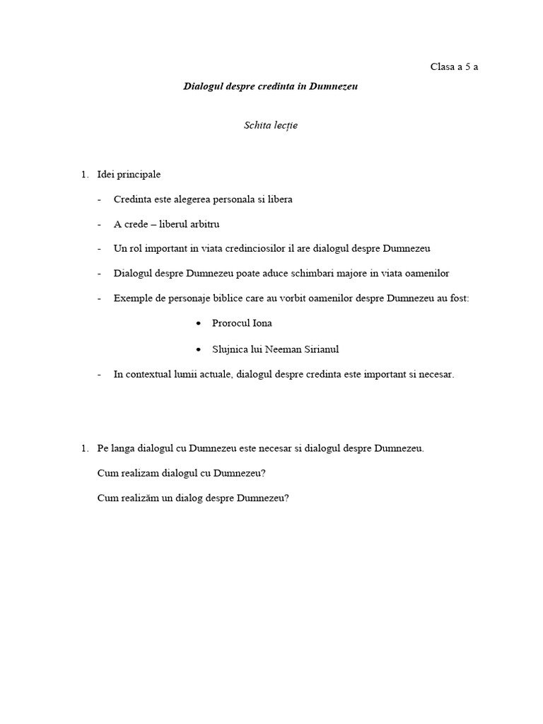 Dialogul Despre Credinta in Dumnezeu Schita Clasa A 5 A | PDF