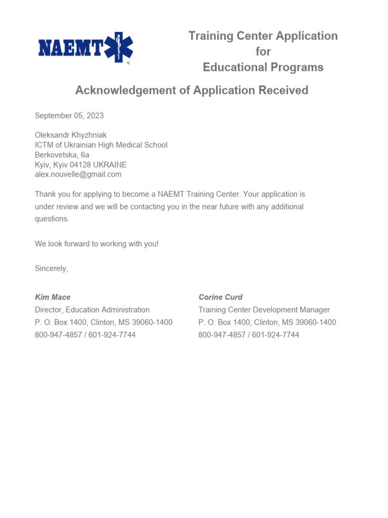 NAEMT Training Center Application Receipt | PDF