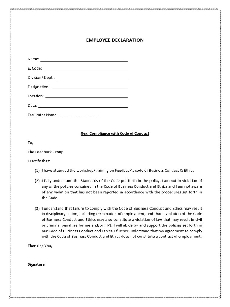 EMPLOYEE DECLARATION CoC | PDF | Business | Law